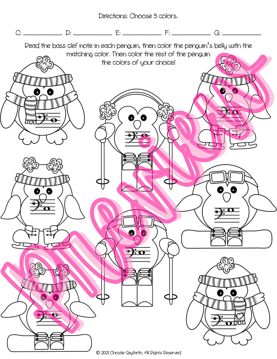 Color the Penguin: Bass Clef C Position – Music Teacher Resources