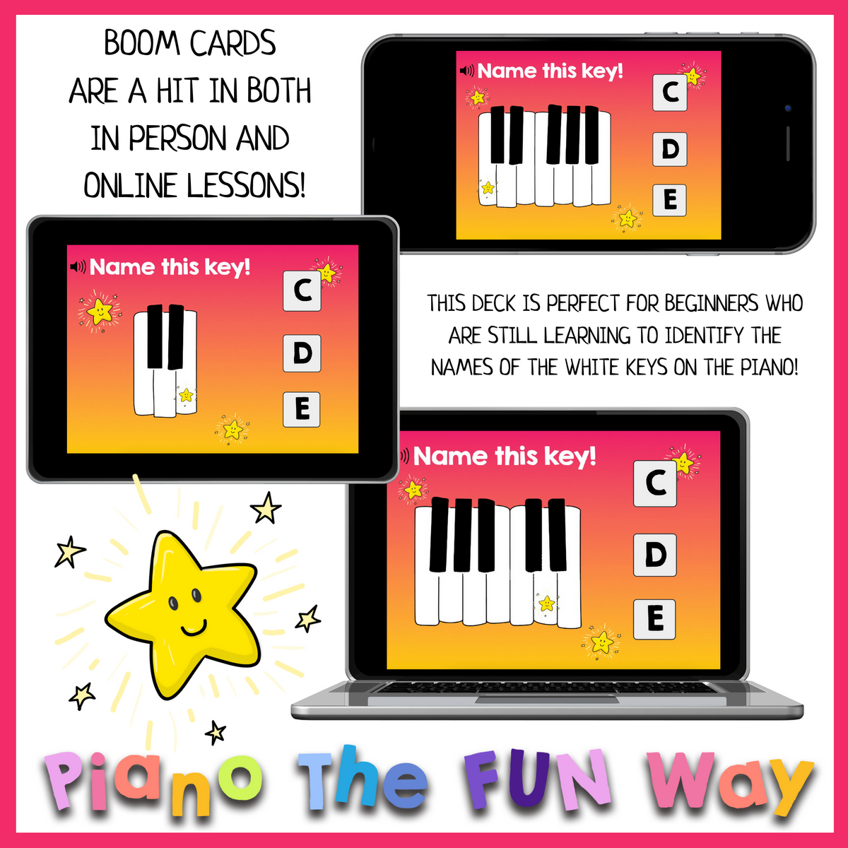 Boom Cards: Star Piano Keys C-D-E (Free) – Music Teacher Resources