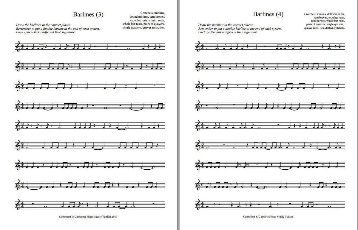 Draw the Barlines in the Rhythm - simple time - 5 sheets of exercises ...
