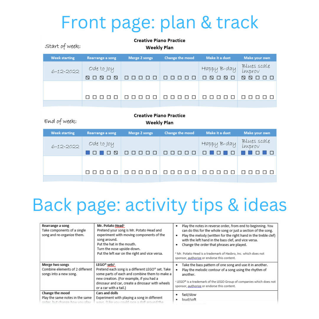 Creative piano practice weekly planning and tracking sheet – Music ...