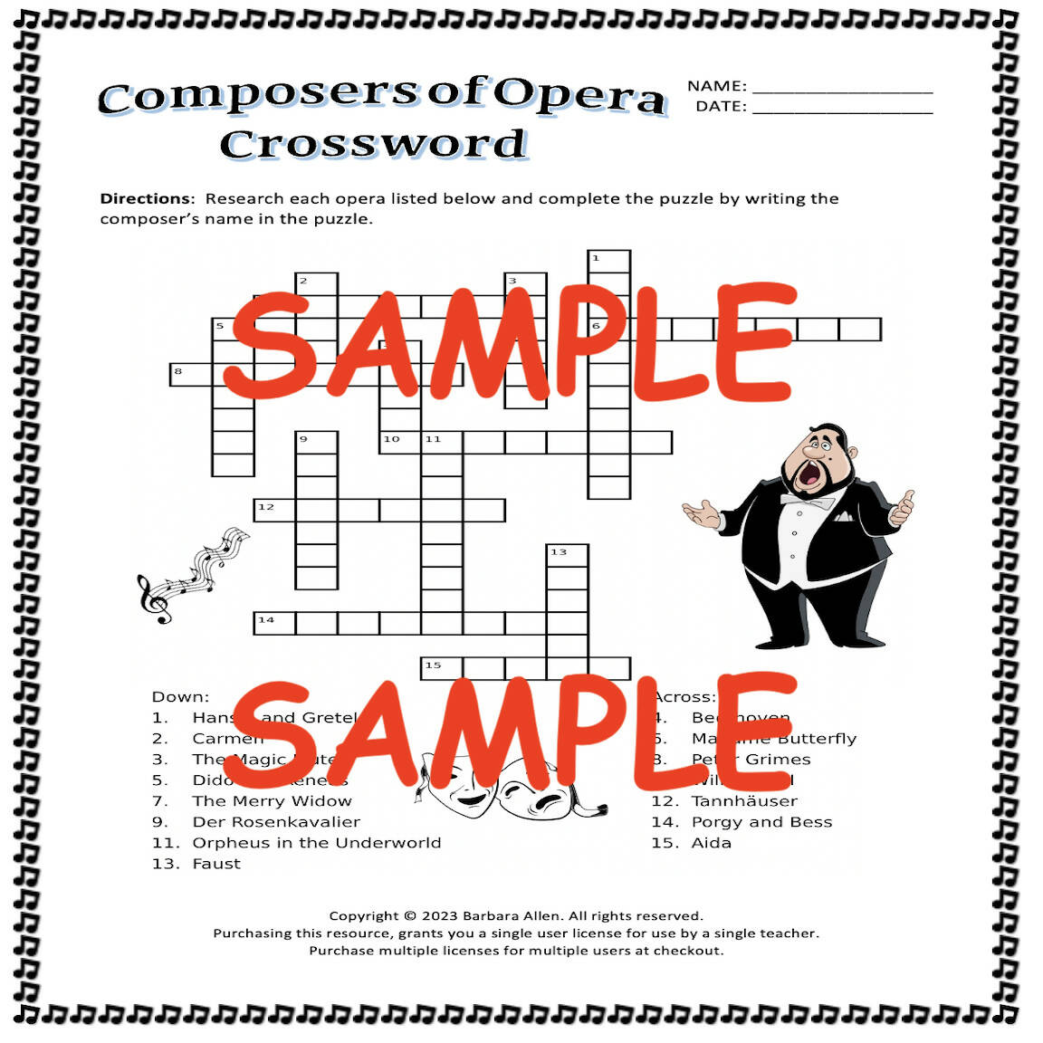 Composers of Opera - Fun Crossword Puzzle Worksheet (Answer Key Includ ...