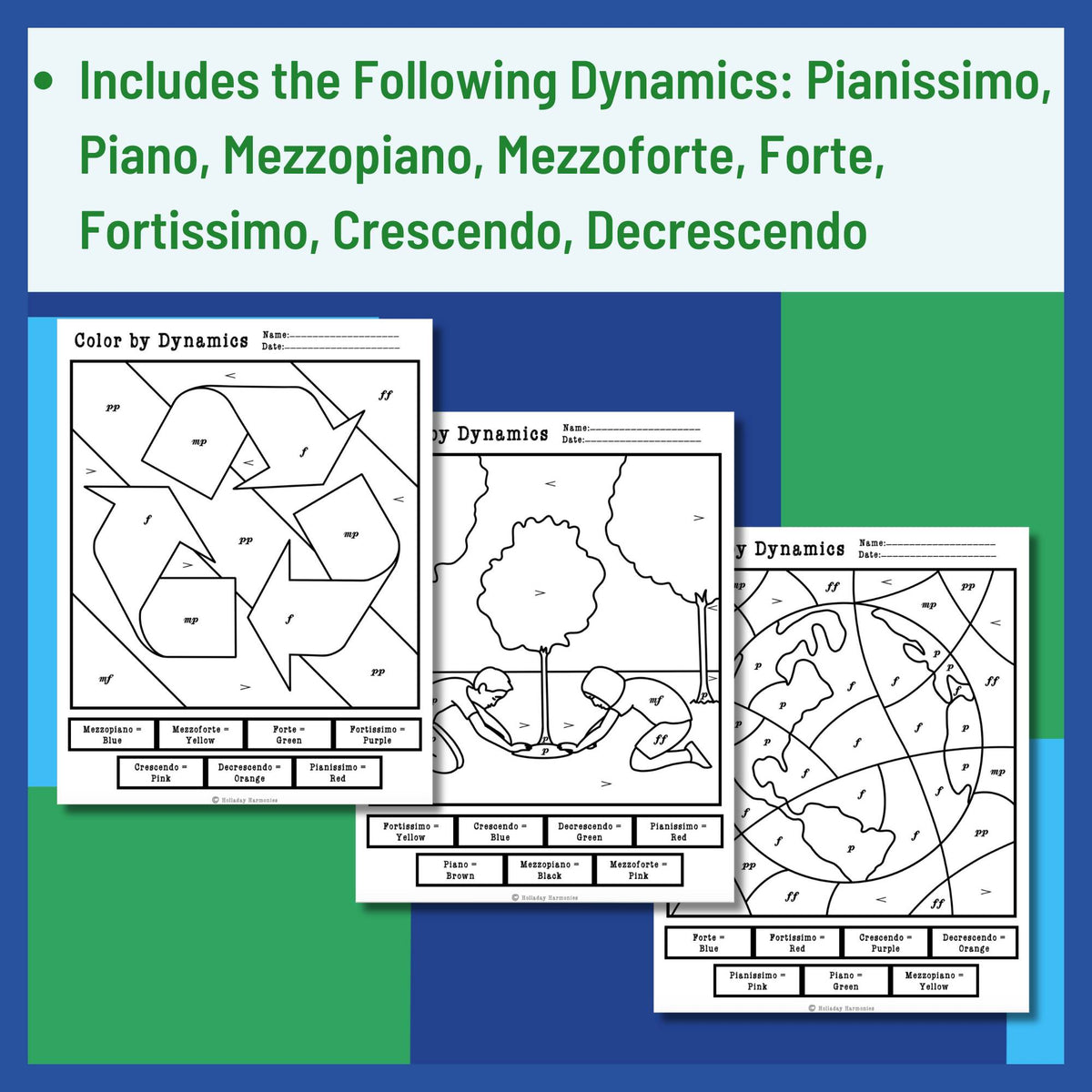 Earth Day Color by Dynamics Worksheets - Music Dynamics Activities ...