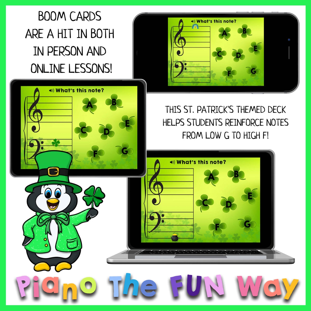 Boom Cards: Grand Staff Level 3 St. Patrick Day Themed – Music Teacher ...