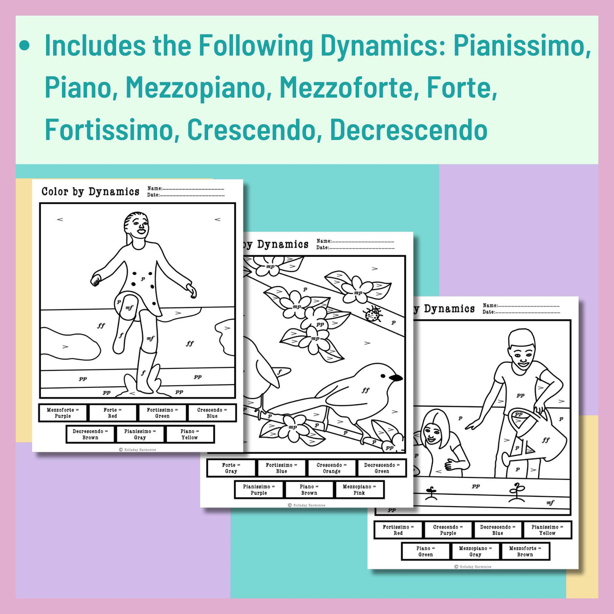 Spring Themed Color by Dynamics Worksheets | Music Dynamics Activities ...