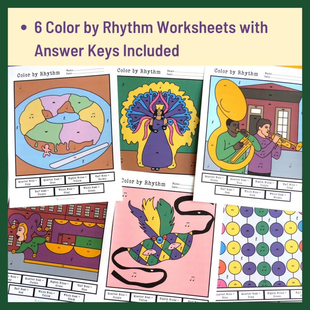 Mardi Gras Themed Color by Rhythm Worksheets – Music Teacher Resources