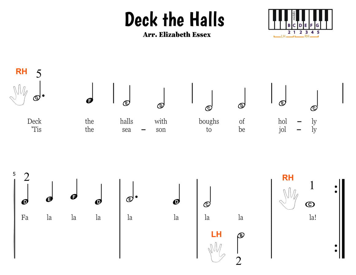 Christmas carol piano preschool pre-reading pre-staff Alpha notation ...