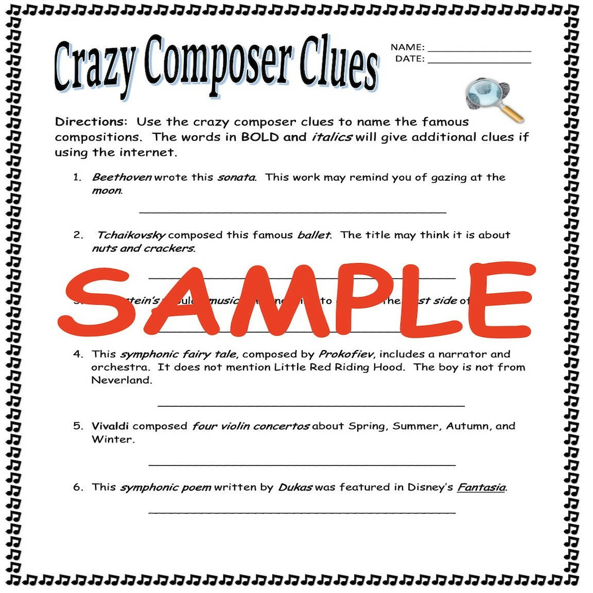 Crazy Composer Clues - Printable Worksheet (Answer Keys Included ...