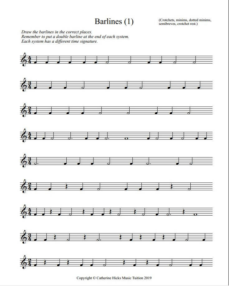 Draw the Barlines in the Rhythm - simple time - 5 sheets of exercises ...